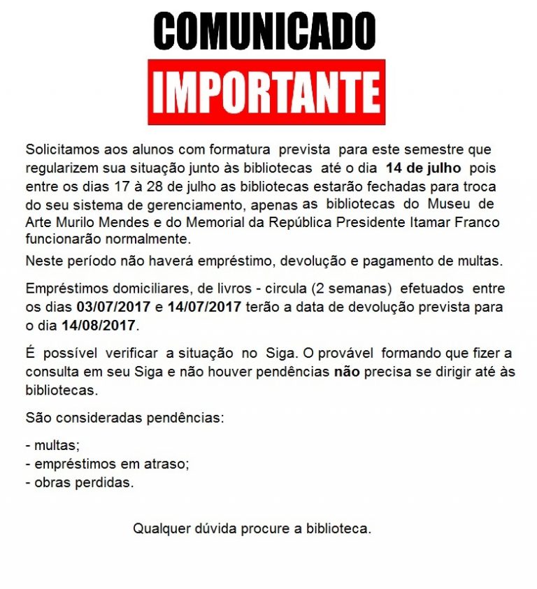 COMUNICADO IMPORTANTE - Bibliotecas | JF
